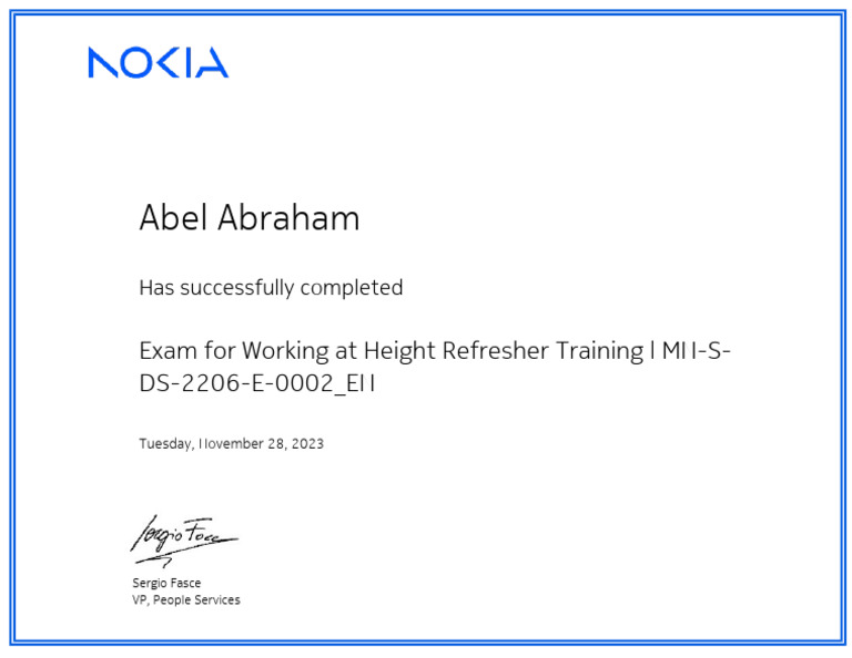 Nokia Working at Height Refresher Training Certificate | PDF