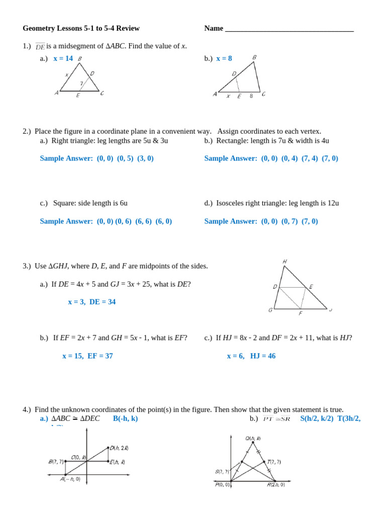 Geometry Lessons 5-1 To 5-4 Review Worksheet Key 2 | PDF ...