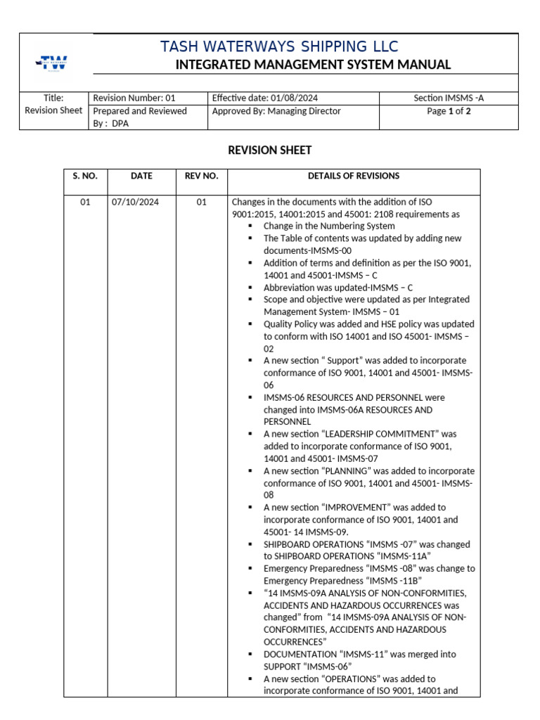 TASH Waterways IMS Manual Revision 01 | PDF | Iso 9000 | Regulation