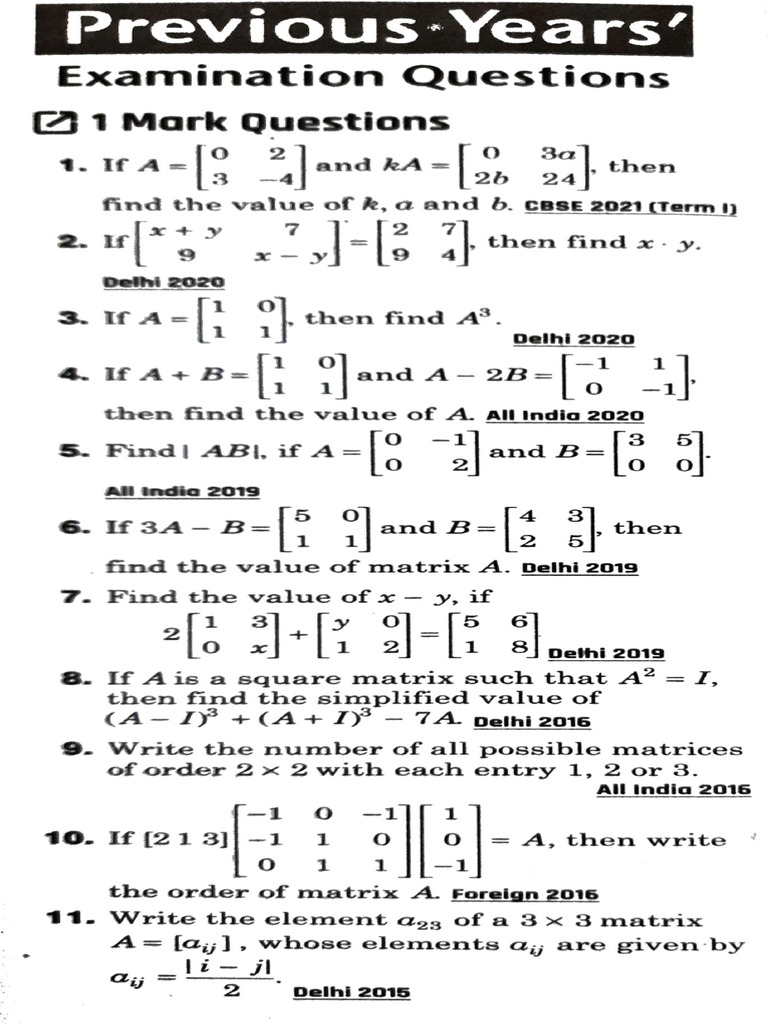 Matrices Previous Years Questions Set 1 | PDF