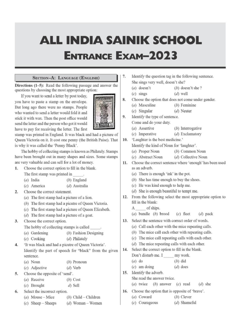 Sainik School Class 6 Question Paper 2023 | PDF