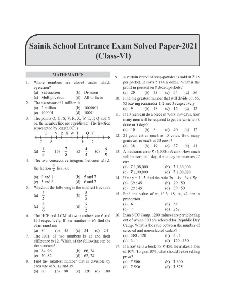 Sainik School Class 6 Question Paper 2021 | PDF