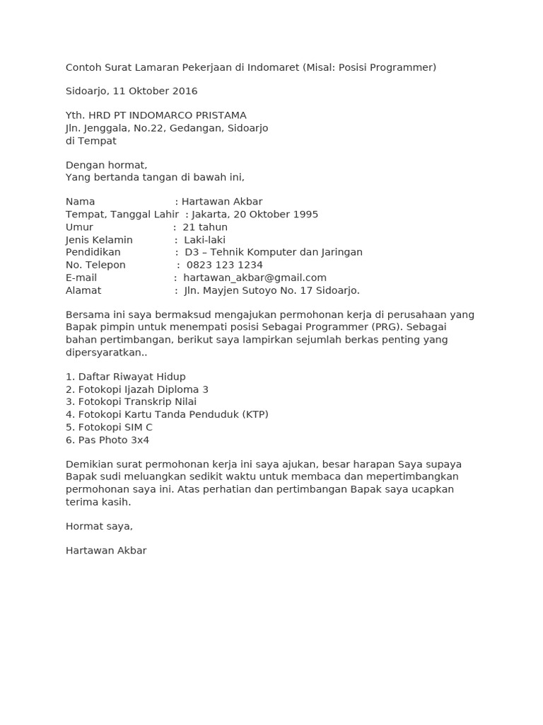 Contoh Surat Lamaran Pekerjaan Di Indomaret | PDF Contoh Surat Lamaran Pekerjaan Di Indomaret | PDF