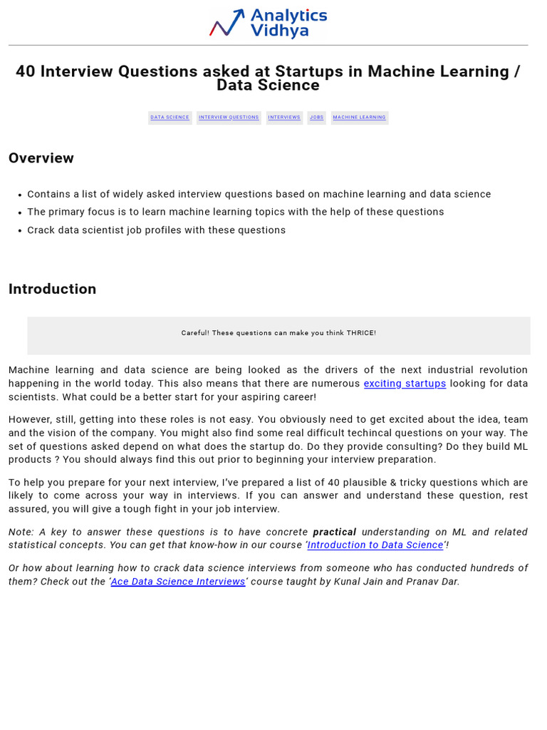 40 Interview Questions asked at Startups in Machine Learning _ Data Science | PDF | Regression ...