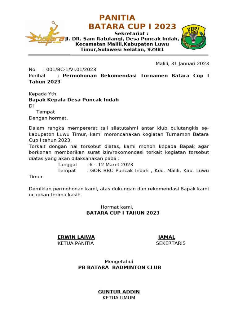 Surat Rekomendasi Turnamen Batar Cup I 2023 (Repaired) | PDF