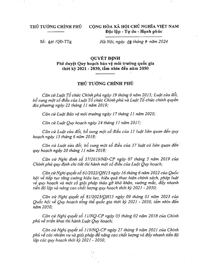 Quyet Dinh 611 QD TTG Cua Thu Tuong Chinh Phu Phe Duyet Quy Hoach Bao Ve Moi Truong Quoc Gia ...