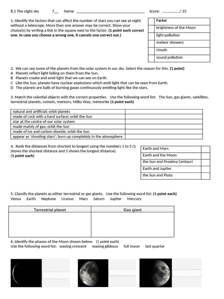 8.1 The Night Sky - Worksheet | PDF | Planets | Solar System