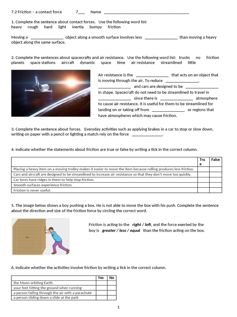 7.2 Friction - A Contact Force - Worksheet | PDF | Friction | Force