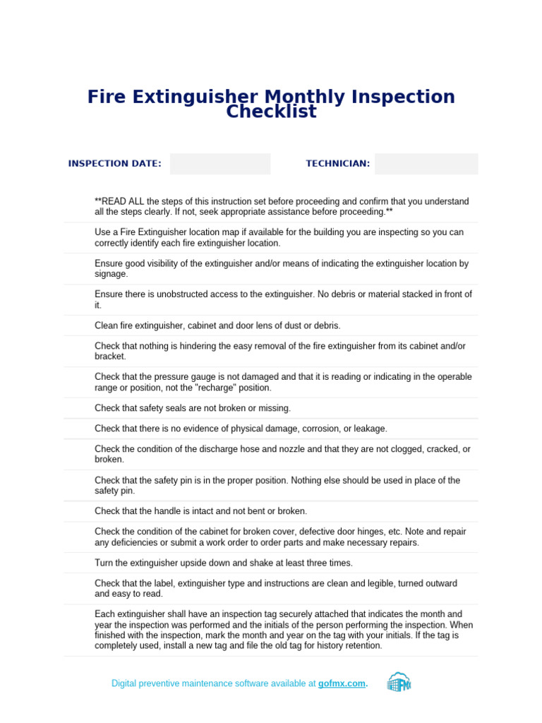 Fire Extinguisher Monthly Inspection Checklist | PDF