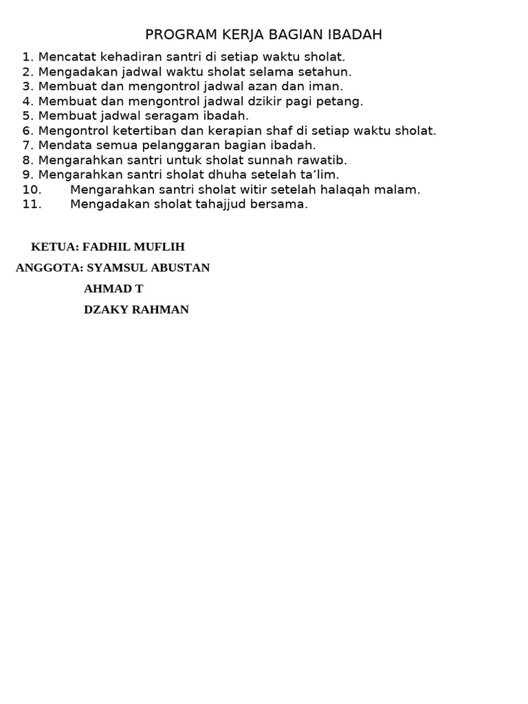 Program Kerja Bagian Ibadah | PDF