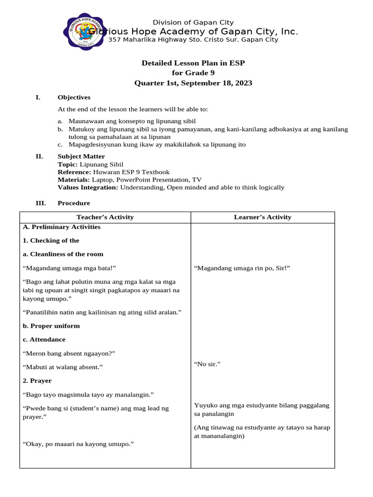 Grade 9 ESP DLP | PDF