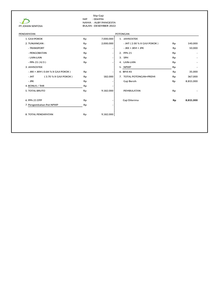 Slip Gaji PT. Johan Sentosa | PDF