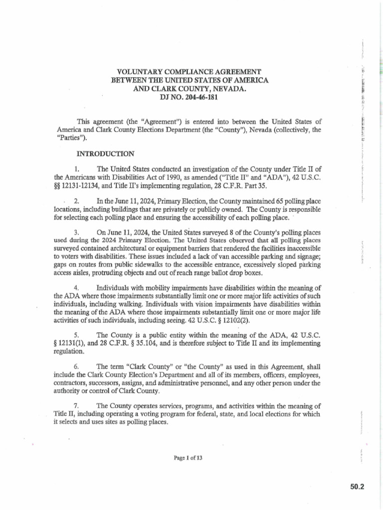 Voluntary Compliance Agreement Between The U.S.a. and Clark County NV ...