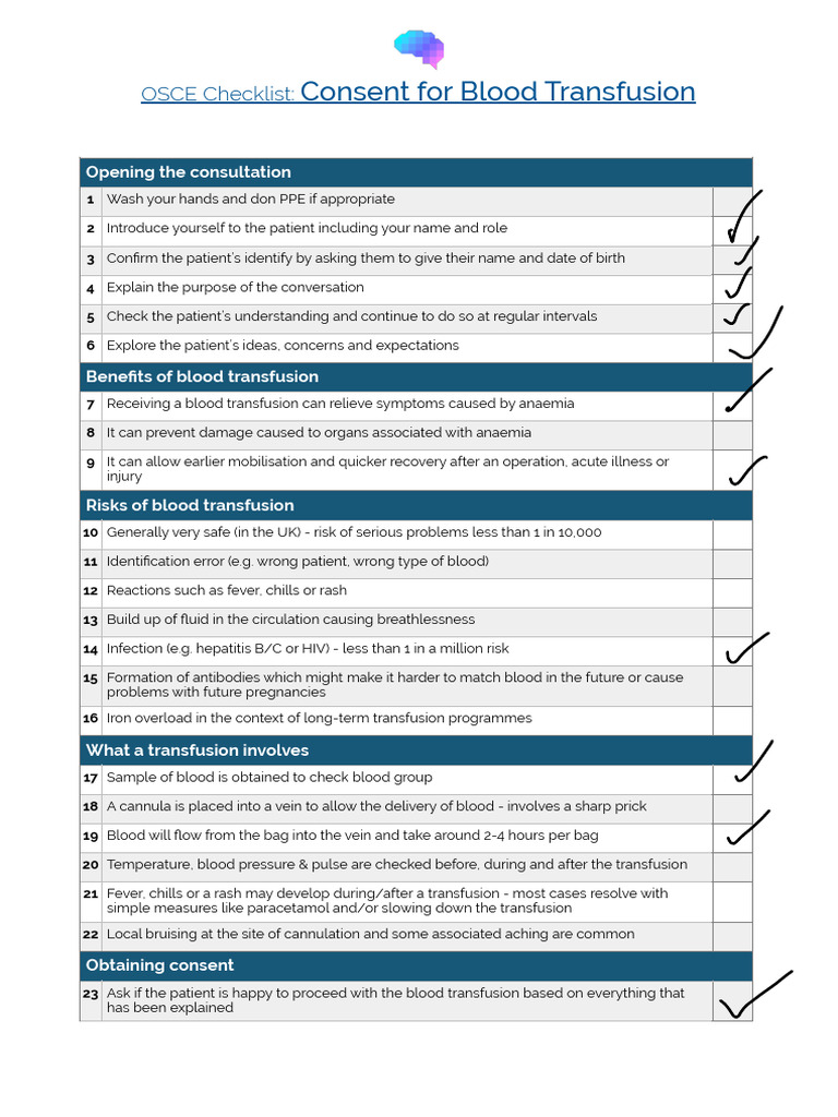 OSCE Checklist Consent for Blood Transfusion | PDF | Blood Transfusion ...
