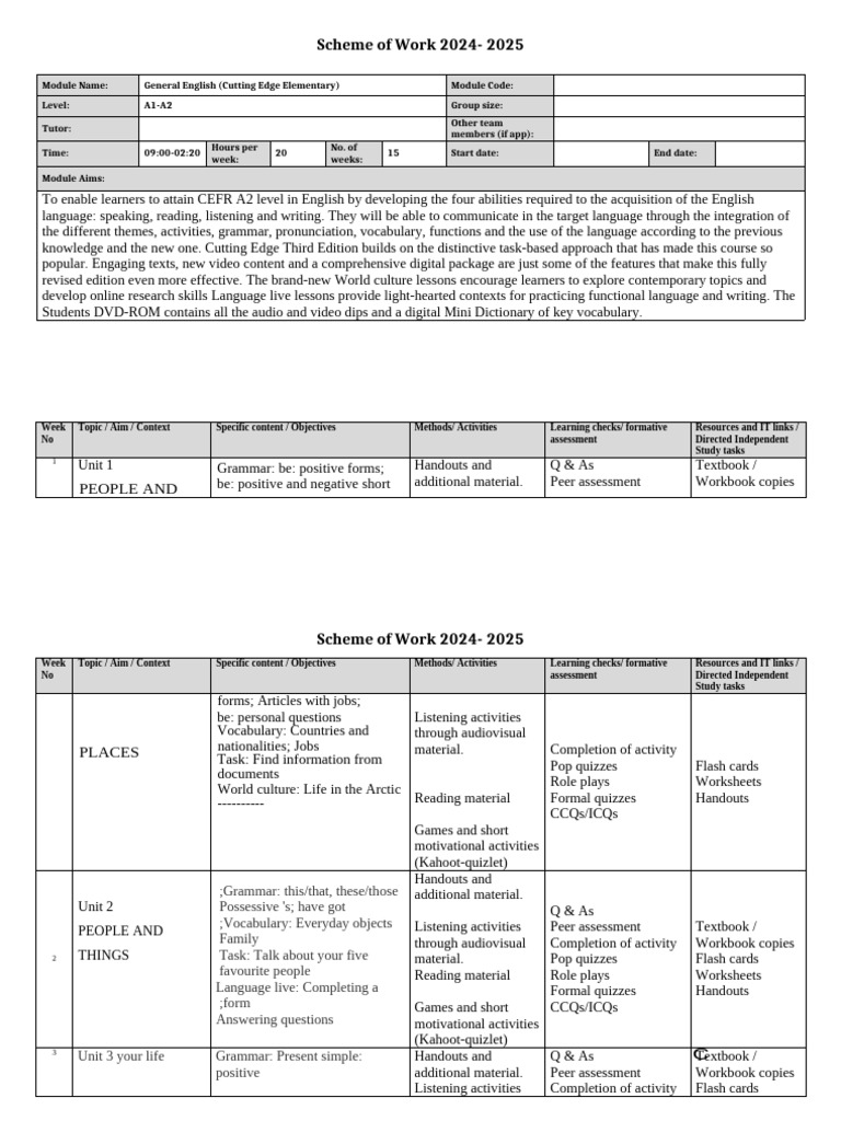 Pacing Schedule General English A2 2024-2025 | PDF | Vocabulary | Learning