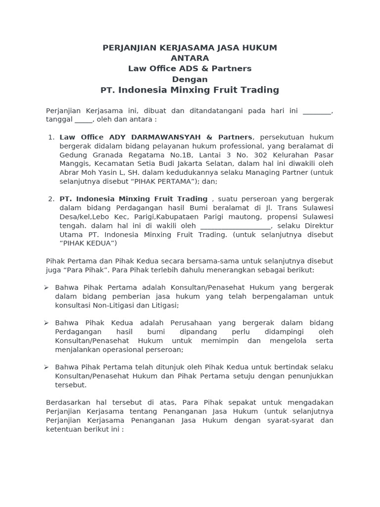 Perjanjian Kerjasama Jasa Hukum TAG & ADS-2 | PDF