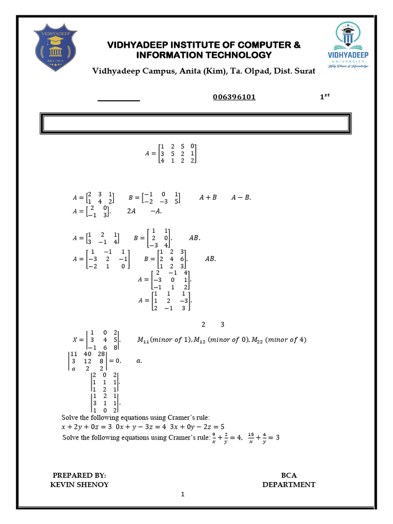 Assignment 1 & 2 | PDF | Matrix (Mathematics) | Determinant