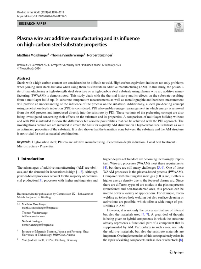 Plasma Wire Arc Additive Manufacturing and Its Influence On High-Carbon ...