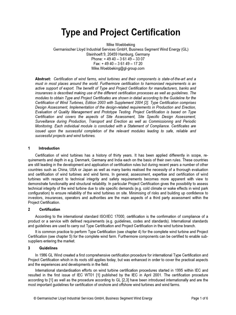 Type and Project Certification GL Paper 2003 | PDF | Wind Power | Wind Farm