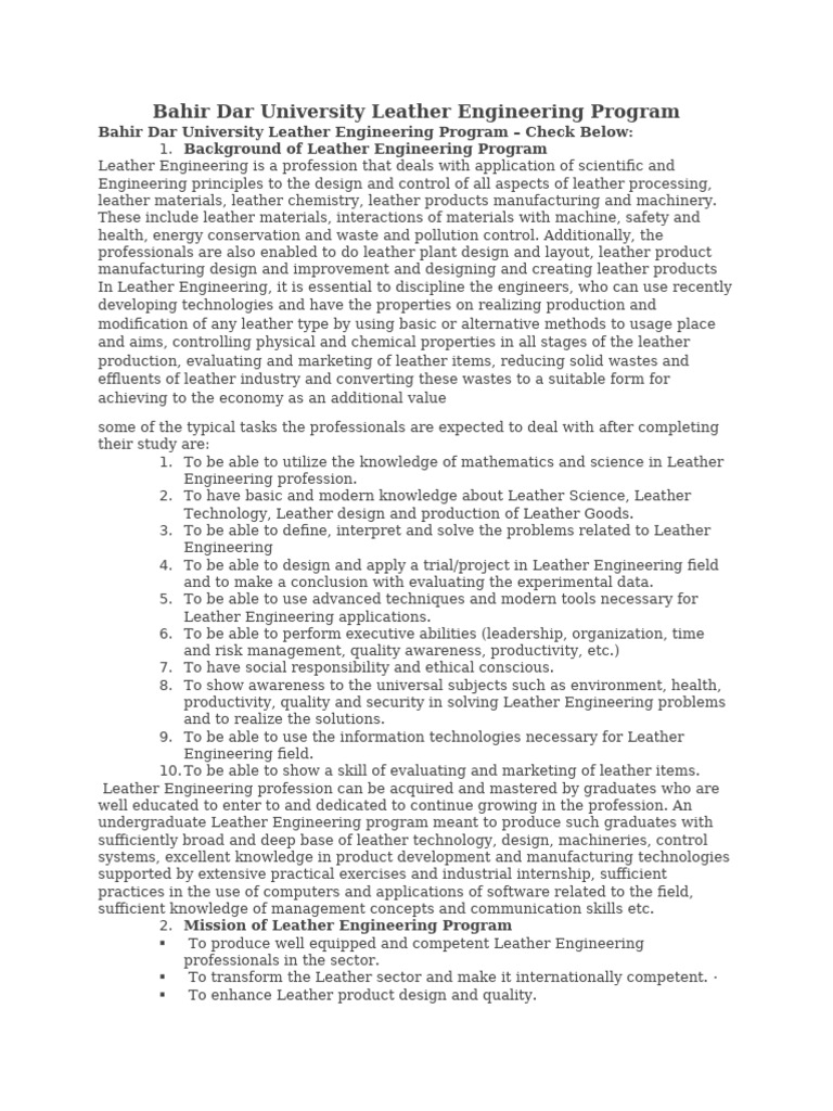 Bahir Dar University Leather Engineering Program | PDF | Engineering ...