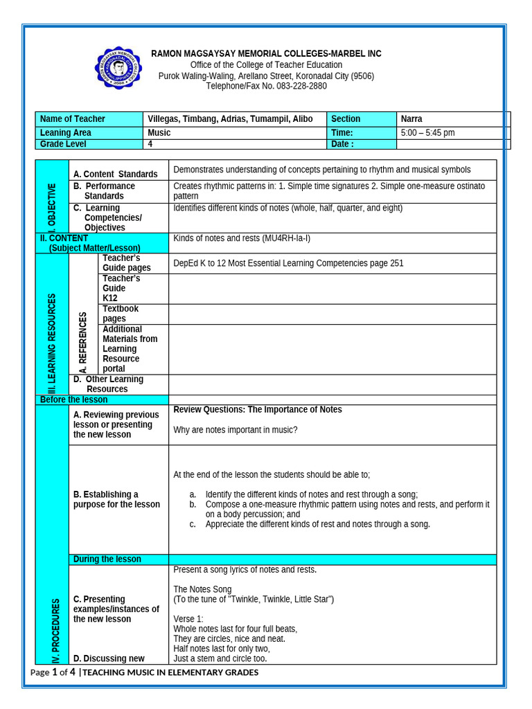 Final-music-Lesson Plan -DEMO | PDF | Teachers | Musical Compositions