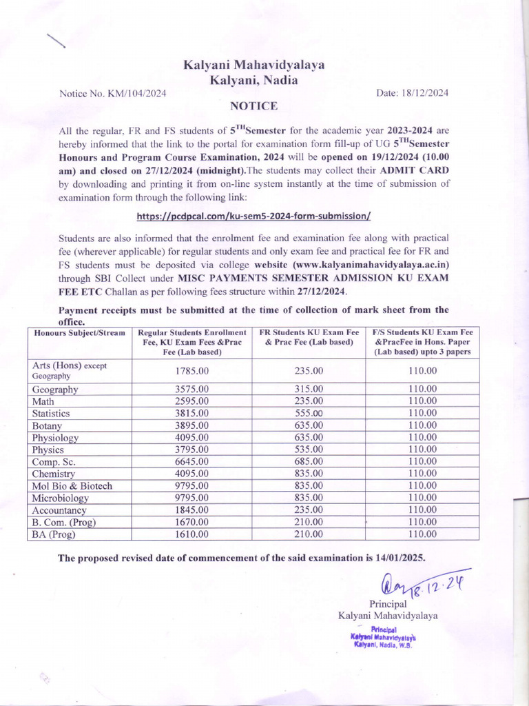 5th Sem Admission and Exam Fees 2024-2025 | PDF