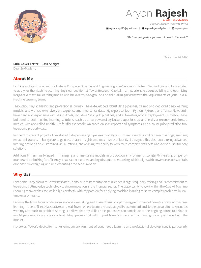 Cover Letter for Tower Research Capital | PDF | Machine Learning ...