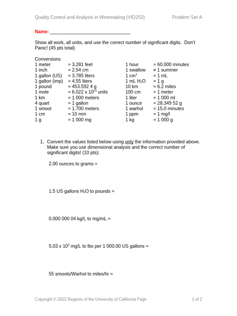 214VIT253 Problem Set A-2 | PDF | Winemaking | Vineyard