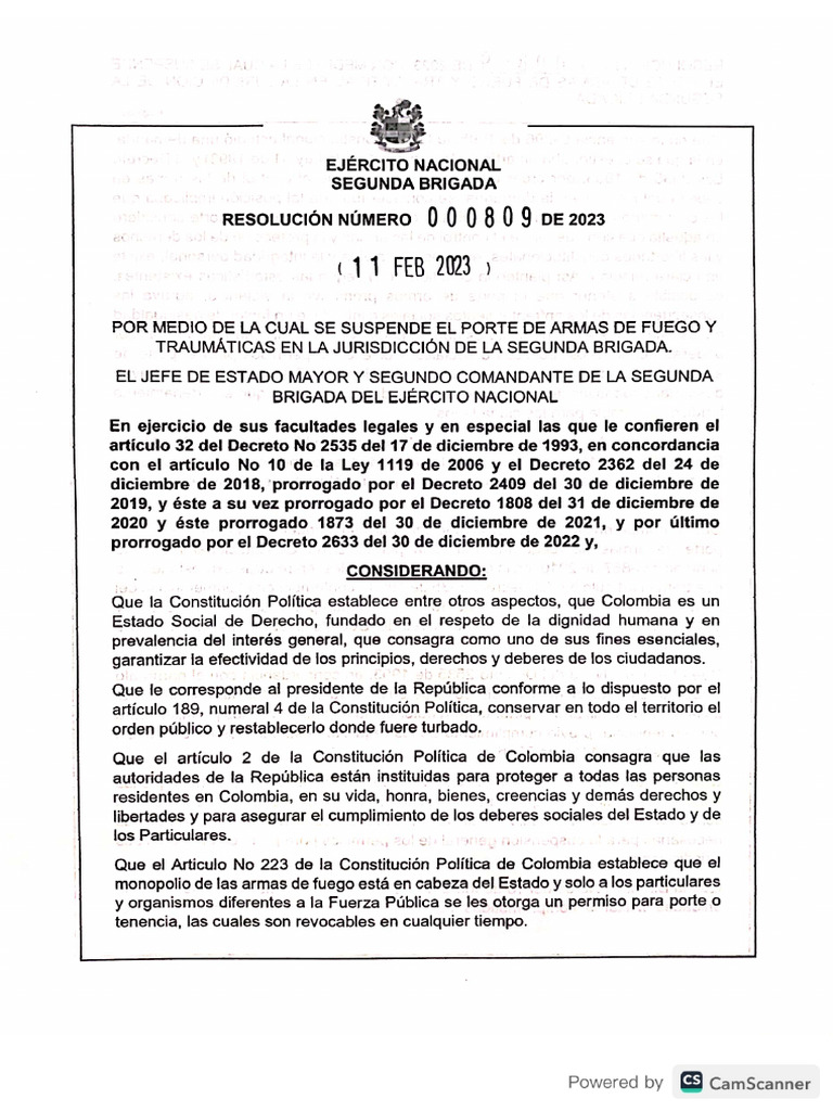 Resolucion No. 000809 Restriccion Porte Armas de Fuego y Traumaticas BR2 | PDF