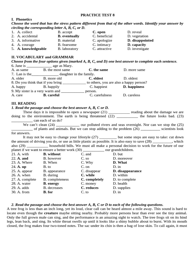 ENG8-PRACTICE TEST 8 | PDF | Frog