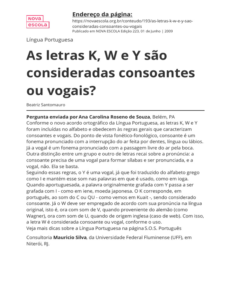 As letras K, W e Y são consideradas consoantes ou vogais | PDF