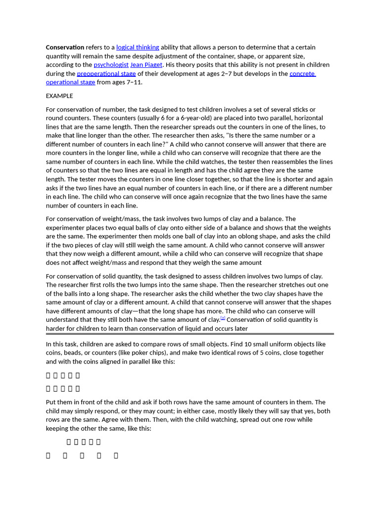 Conservation: Logical Thinking Psychologist Jean Piaget Preoperational ...