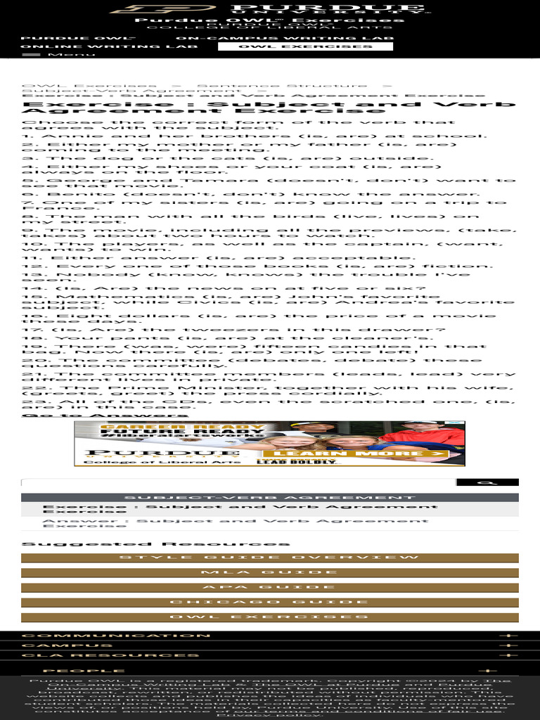 Subject and Verb Agreement Exercise - Purdue OWL® - Purdue University | PDF | Subject (Grammar ...