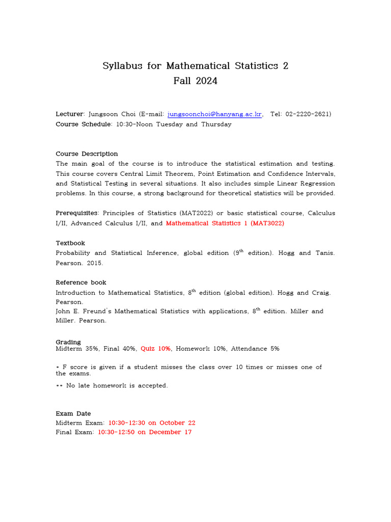 Course Syllabus 2024fall Mathematical Statistics2 | PDF | Statistics | Mathematical Statistics