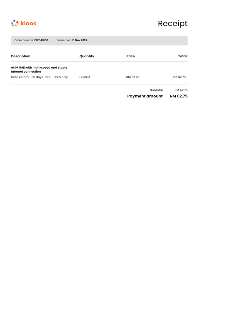 Receipt Klook Uae 16.11.2024 | PDF