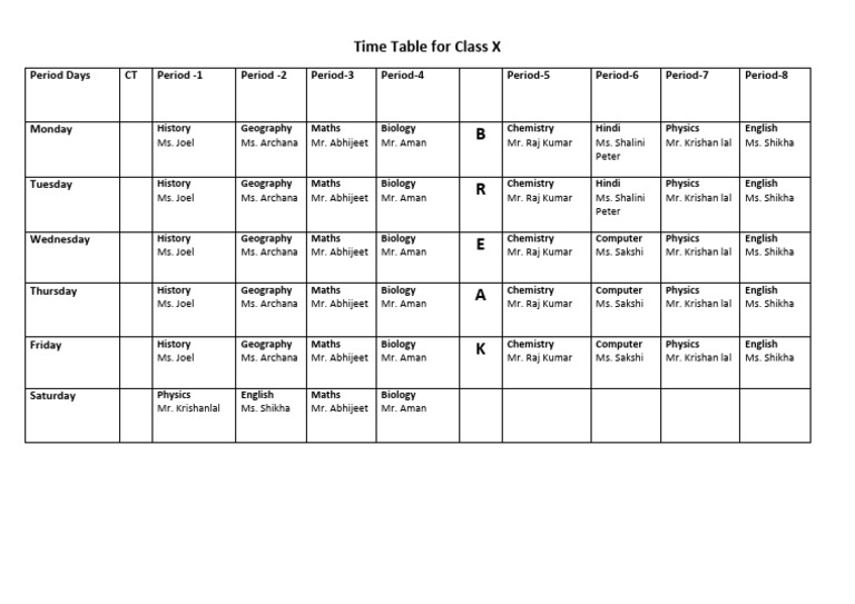 Time Table For Class X | PDF
