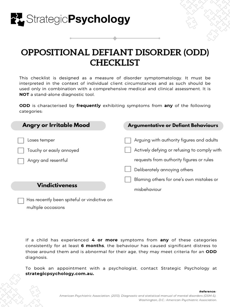 Oppositional Defiant Disorder (ODD) Checklist | PDF