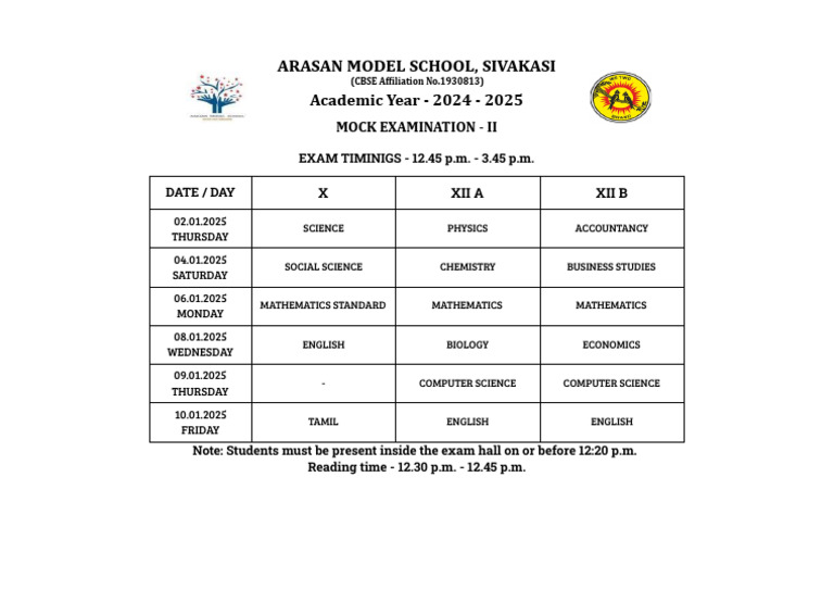 MOCK EXAM - II - TIMETABLE - STUDENT COPY | PDF