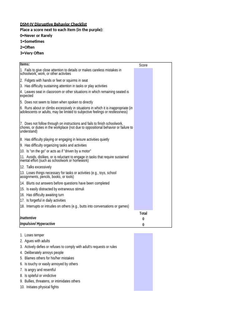 DSM-IV Disruptive Behavior Assessment | PDF | Robbery | Attention