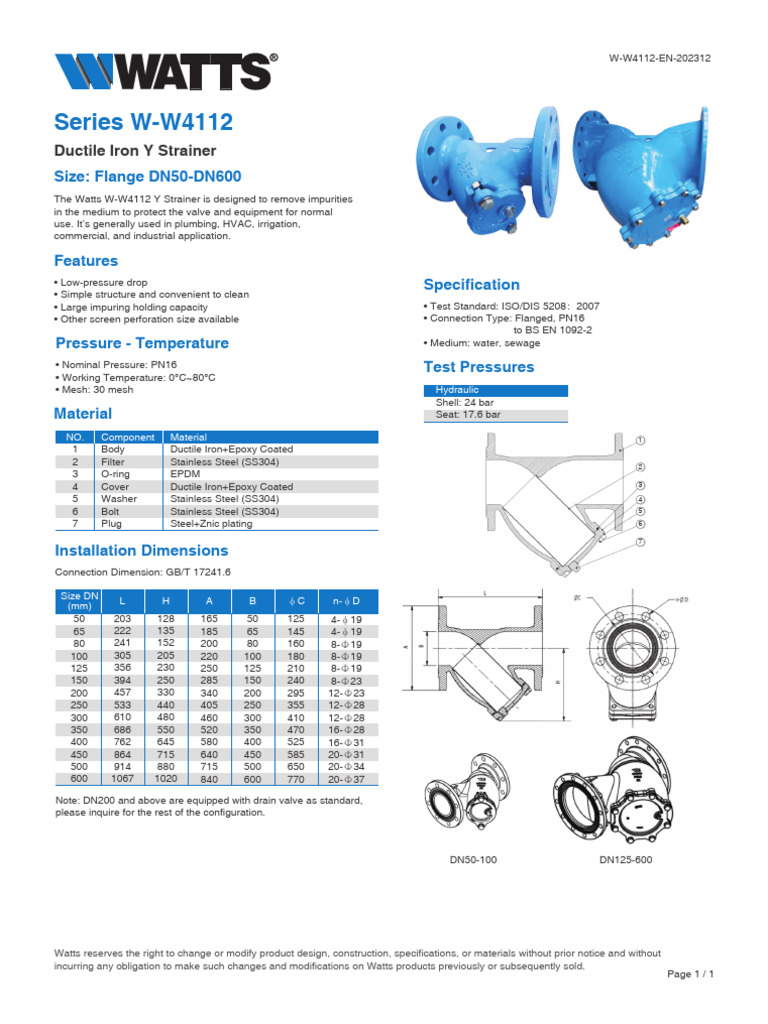 Strainer+datasheet (W-W4112) (DN50-DN600) | PDF | Valve | Mechanical ...