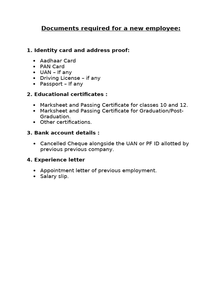 Documents Required For A New Employee | PDF