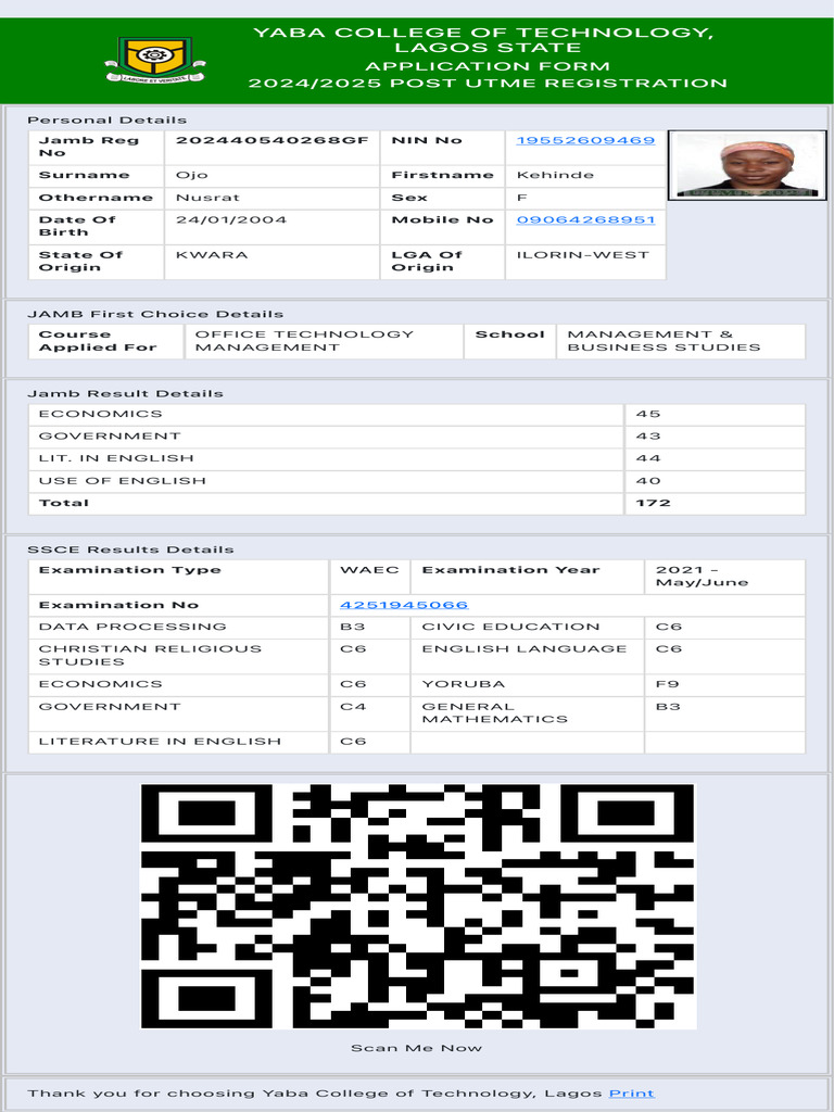 Yabatech Application Form | PDF