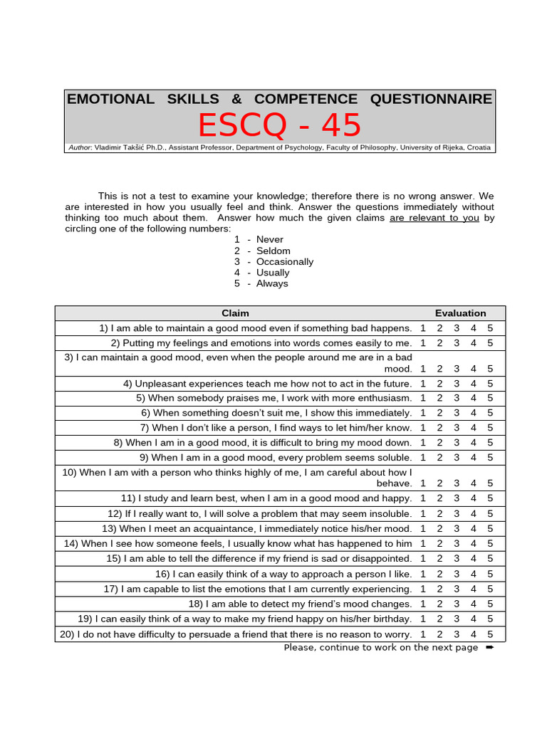 Emotional Skills Competence Questionnaire | PDF | Feeling | Mental Health