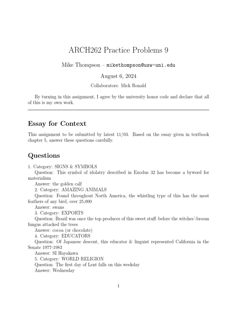 ARCH262 Practice Problems 9 | PDF