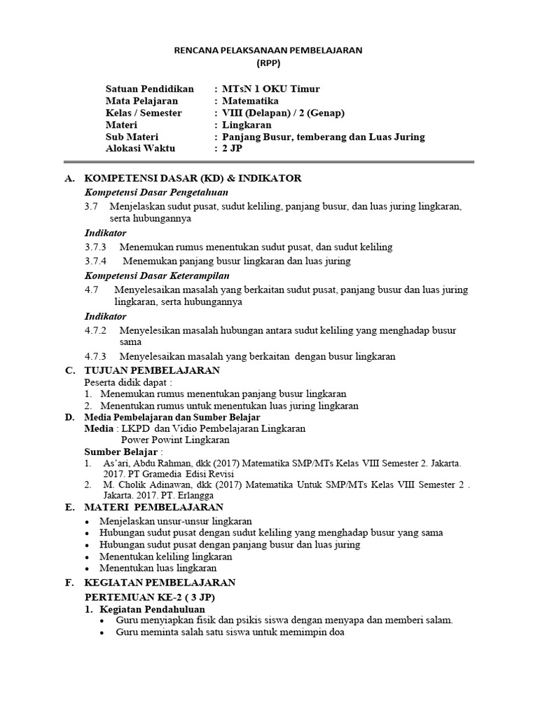 RPP panjang busur dan luas juring-lingkaran Kelas VIII | PDF