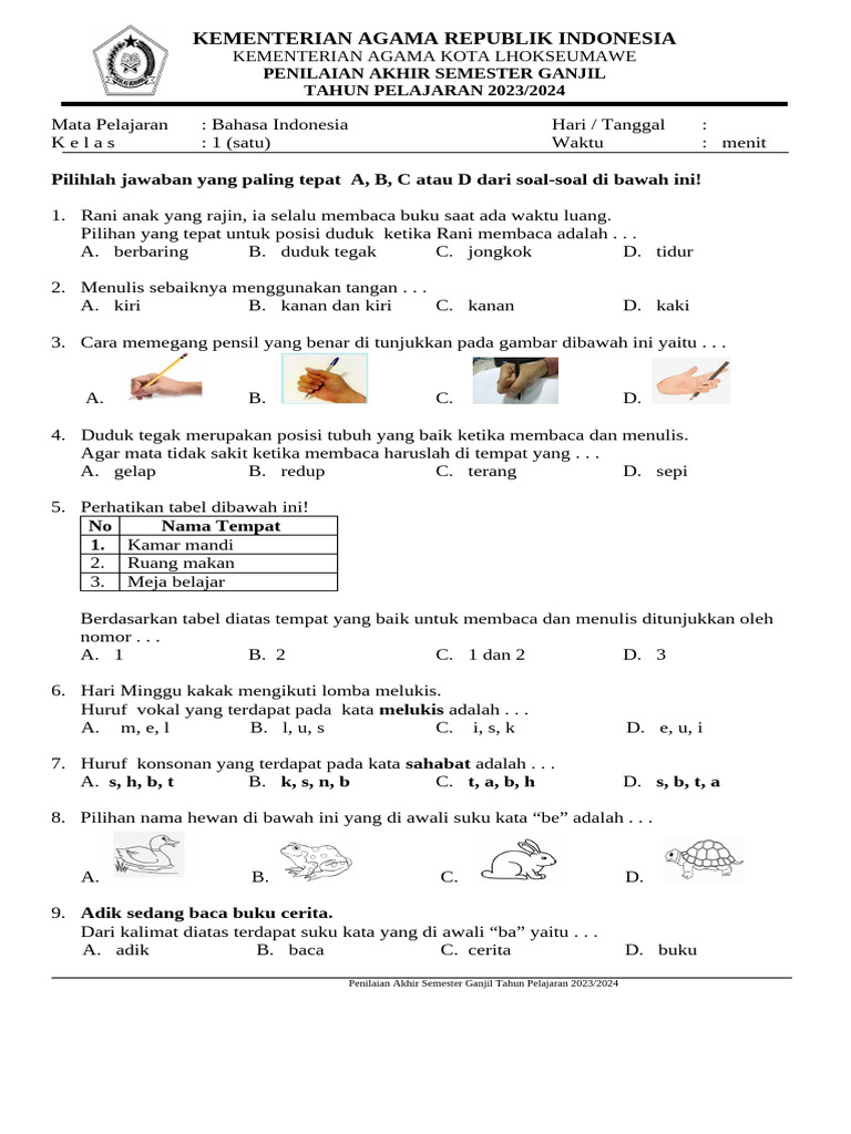 Soal Pas Ganjil Kumer B. Indo (KLS 1) | PDF
