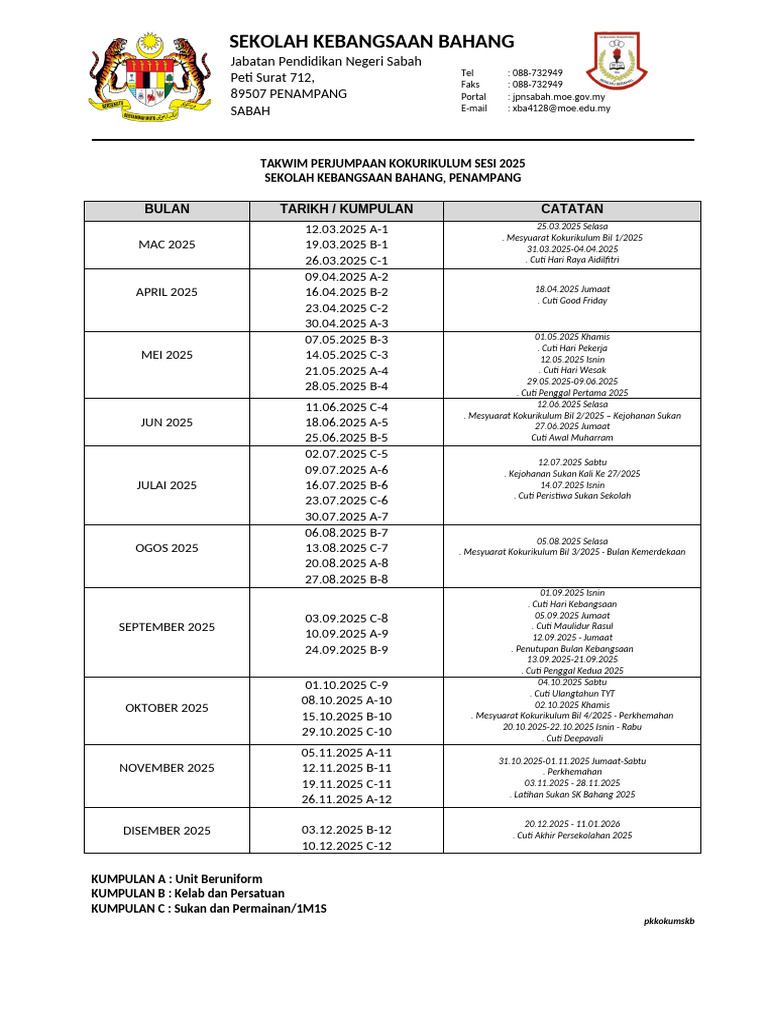 Takwim Kokurikulum Sekolah Kebangsaan Bahang 2025 | PDF