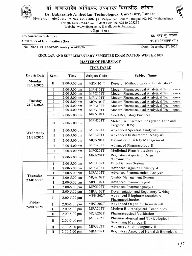 Time-Table-M.Pharmacy-Winter-2024 | PDF