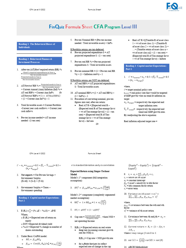 FinQuiz - CFA Level 3, 2022 - Formula Sheet | PDF | Bond Duration | Tax Exemption