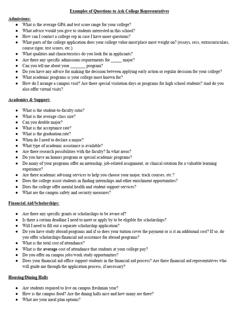 Examples of Questions to Ask College Representatives | PDF | Student ...